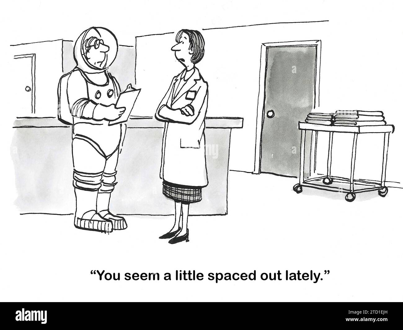 BW cartoon of a male physician wearing a space suit, he seems a little ...