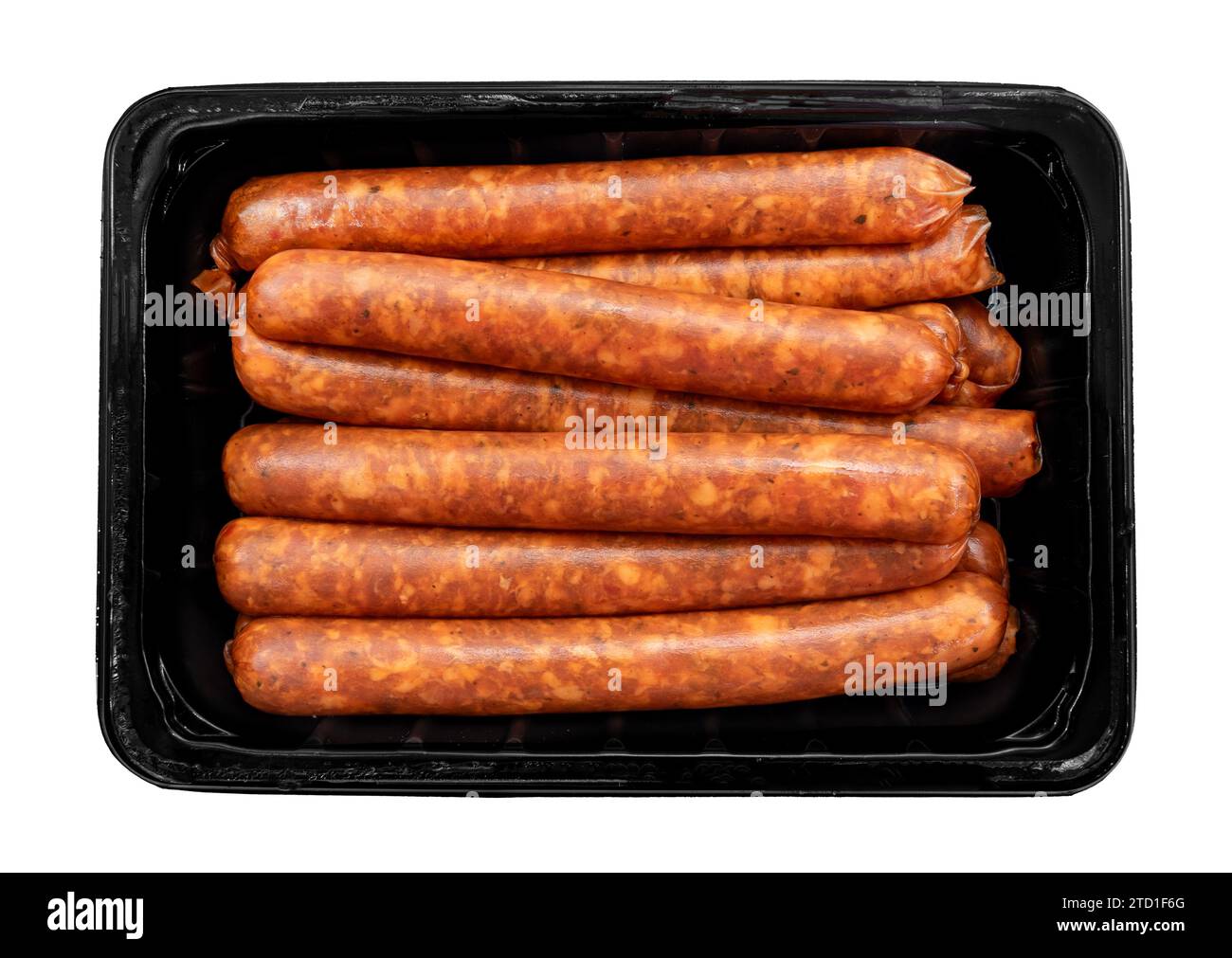 Raw barbecue sausages on a white background in a black plastic box ...