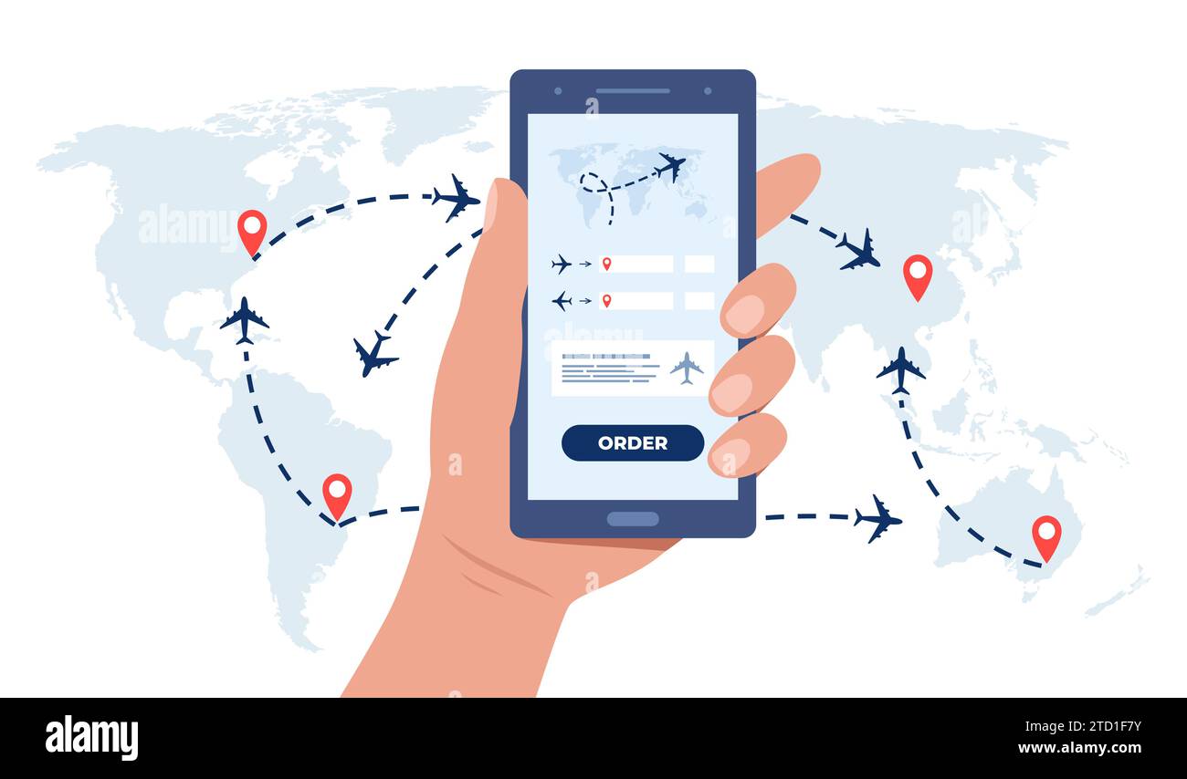 Hand with phone and mobile application for ordering tickets. World map ...