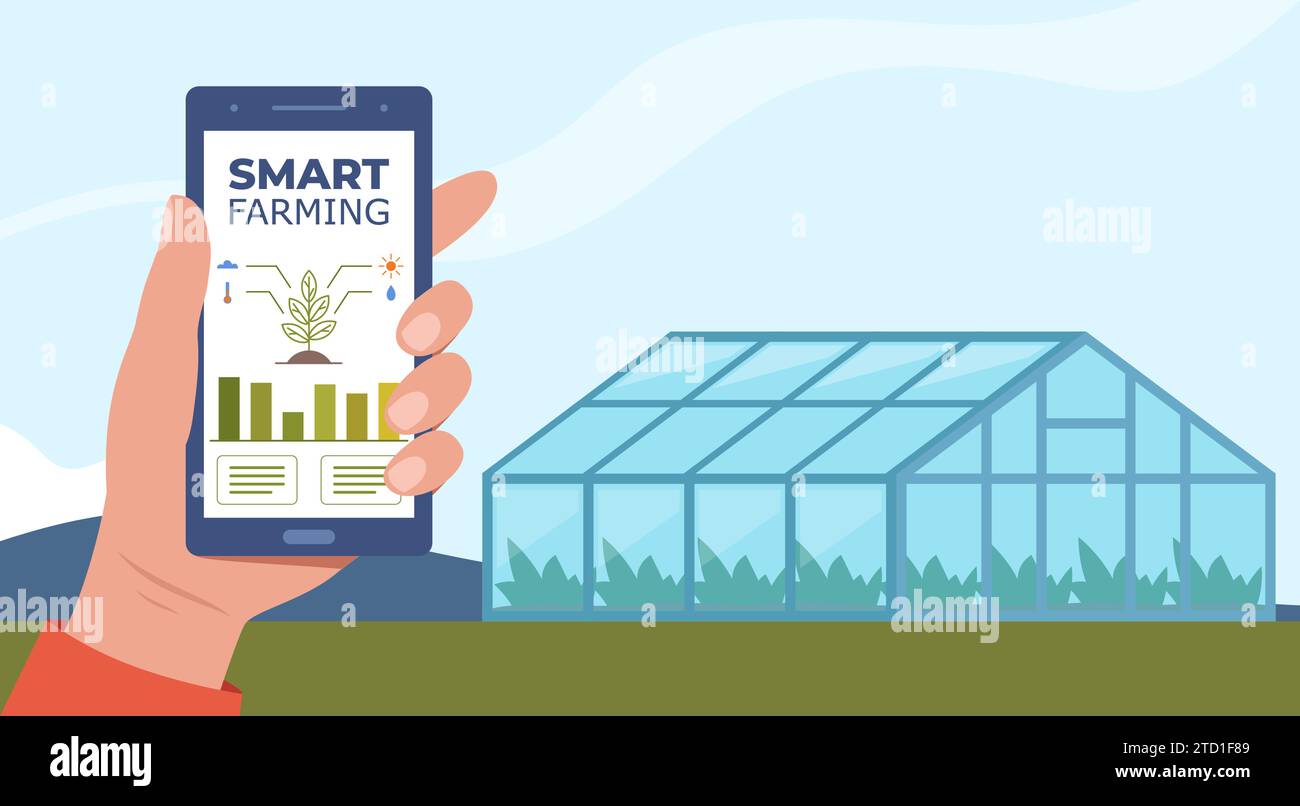 Smart farming, futuristic technologies in farm industry. Smartphone ...