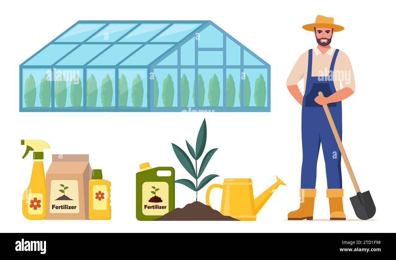 Farmer character and different farm elements. Greenhouse, fertilizers ...
