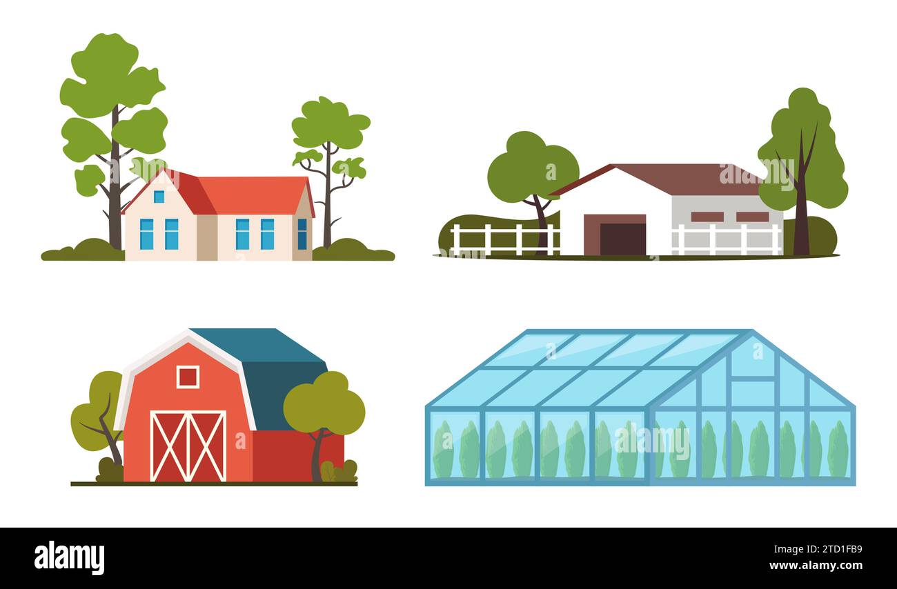 Farm building set. Village farmhouse, red barn, greenhouse, horse ...