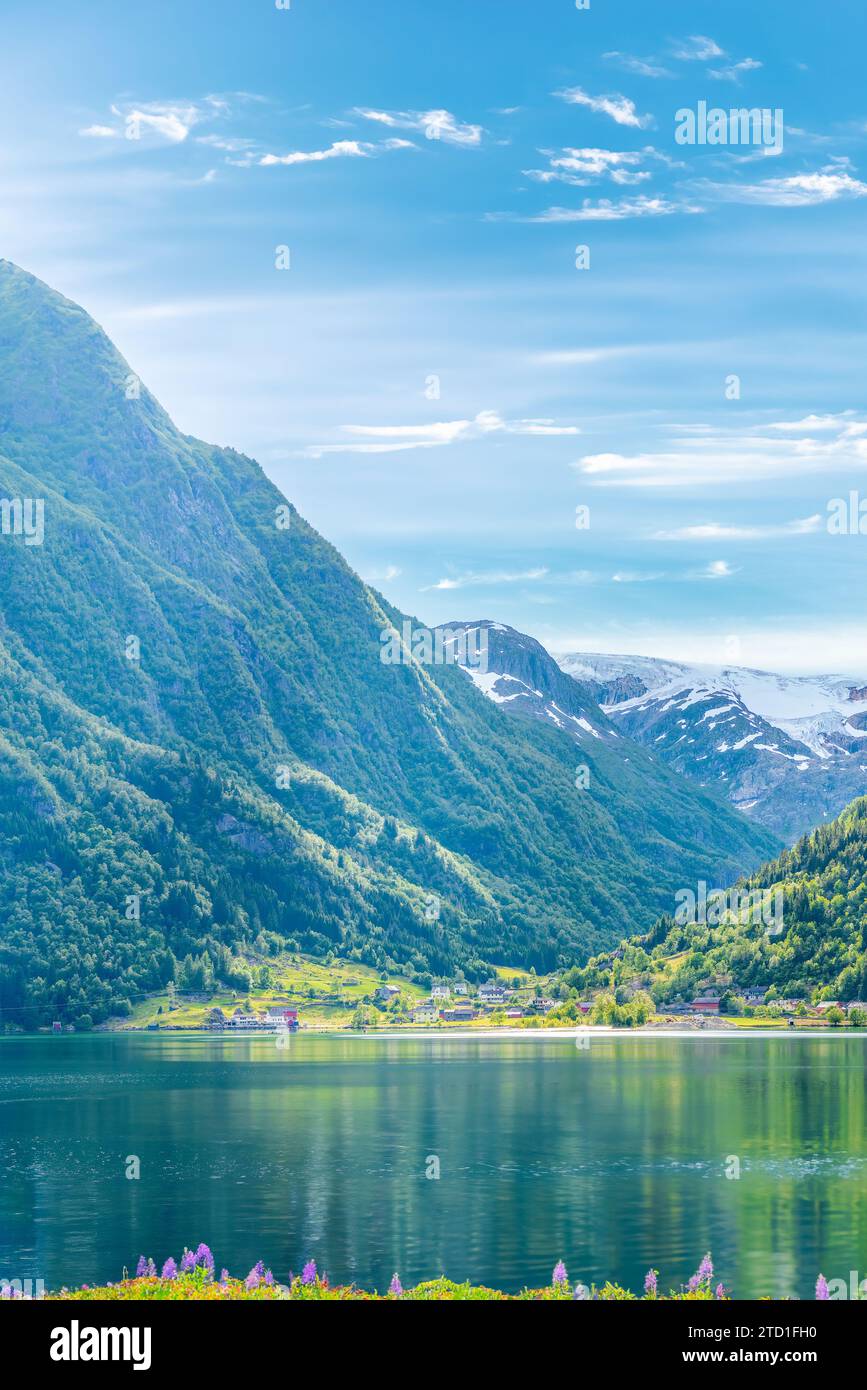 A view of the fjord on a summer day in the Hardanger fjord National ...