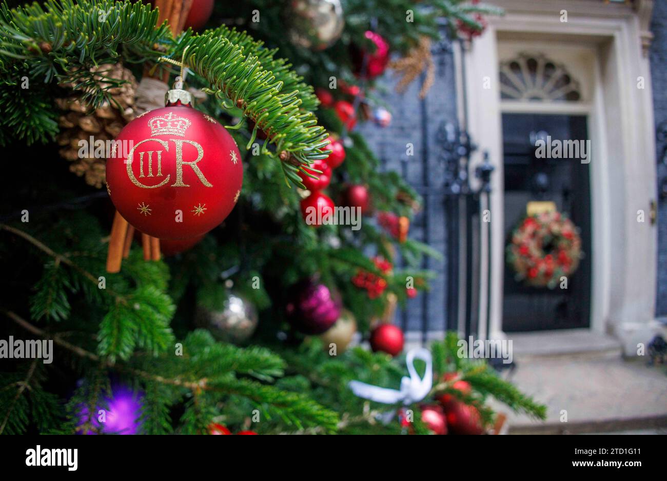 London, UK 15 Dec 2023 A baubel with a King Charles the Third sign ...