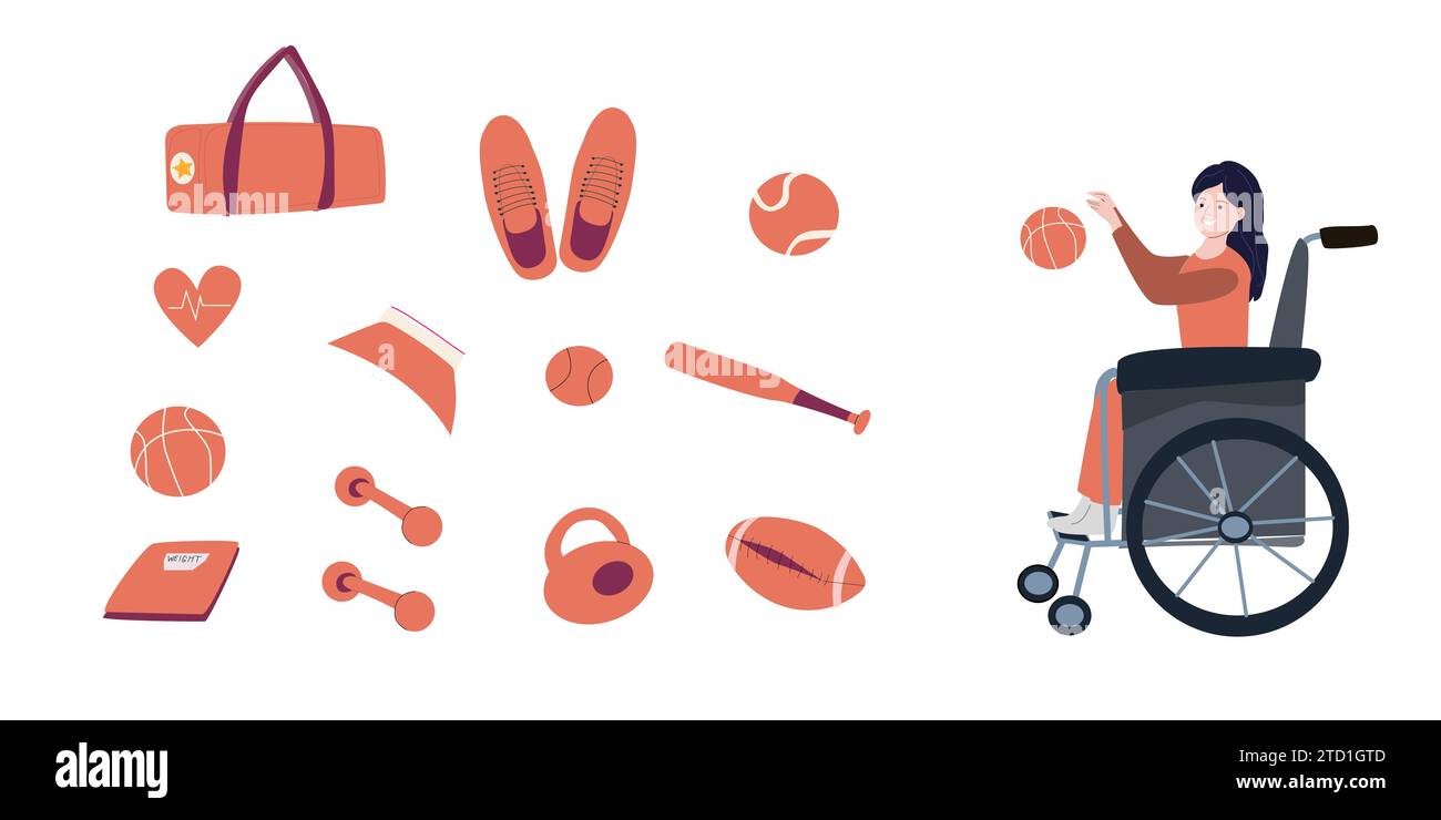 sport set and woman disabled playing with ball. Vector illustration ...
