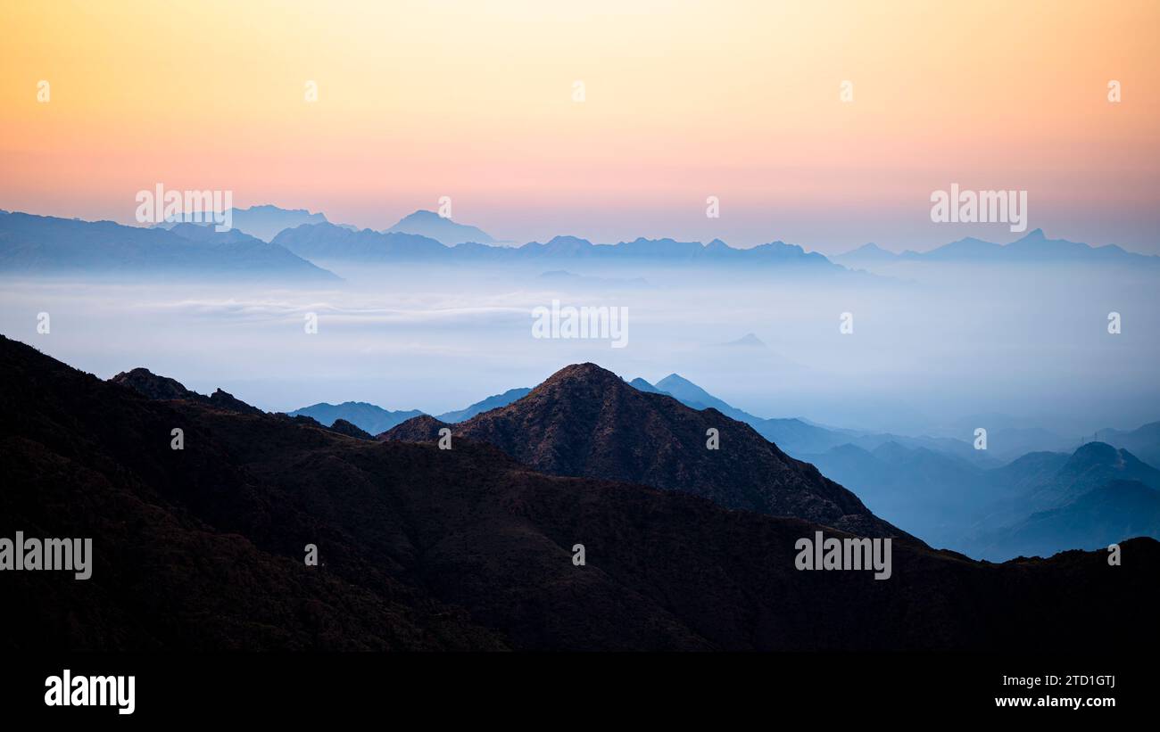 Picturesque landscape of the Asir Mountains at sunrise, Saudi Arabia ...