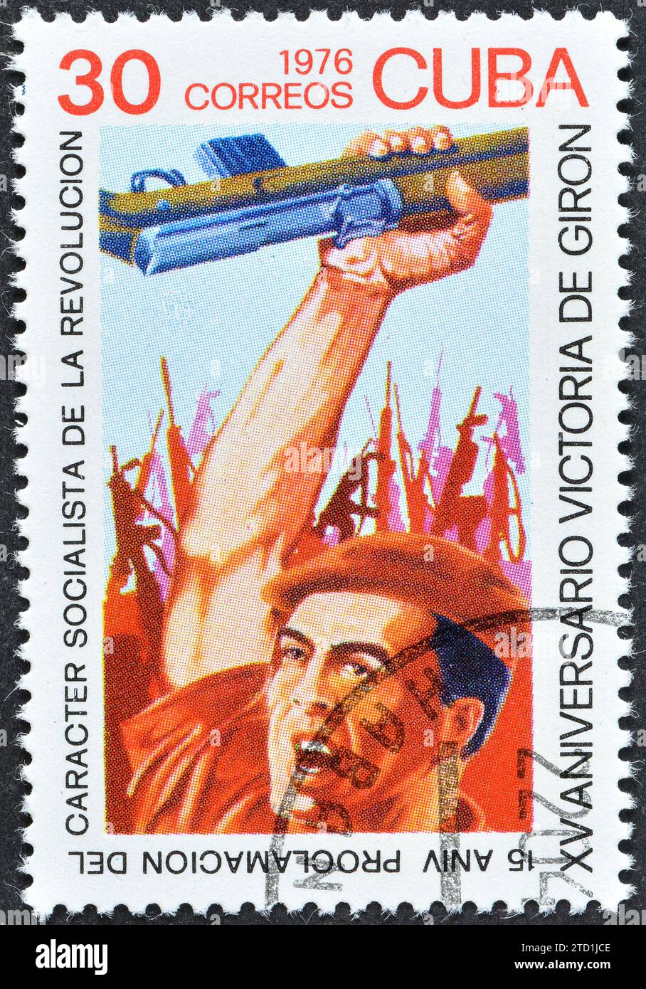 Cancelled postage stamp printed by Cuba, that shows Soldier wielding ...