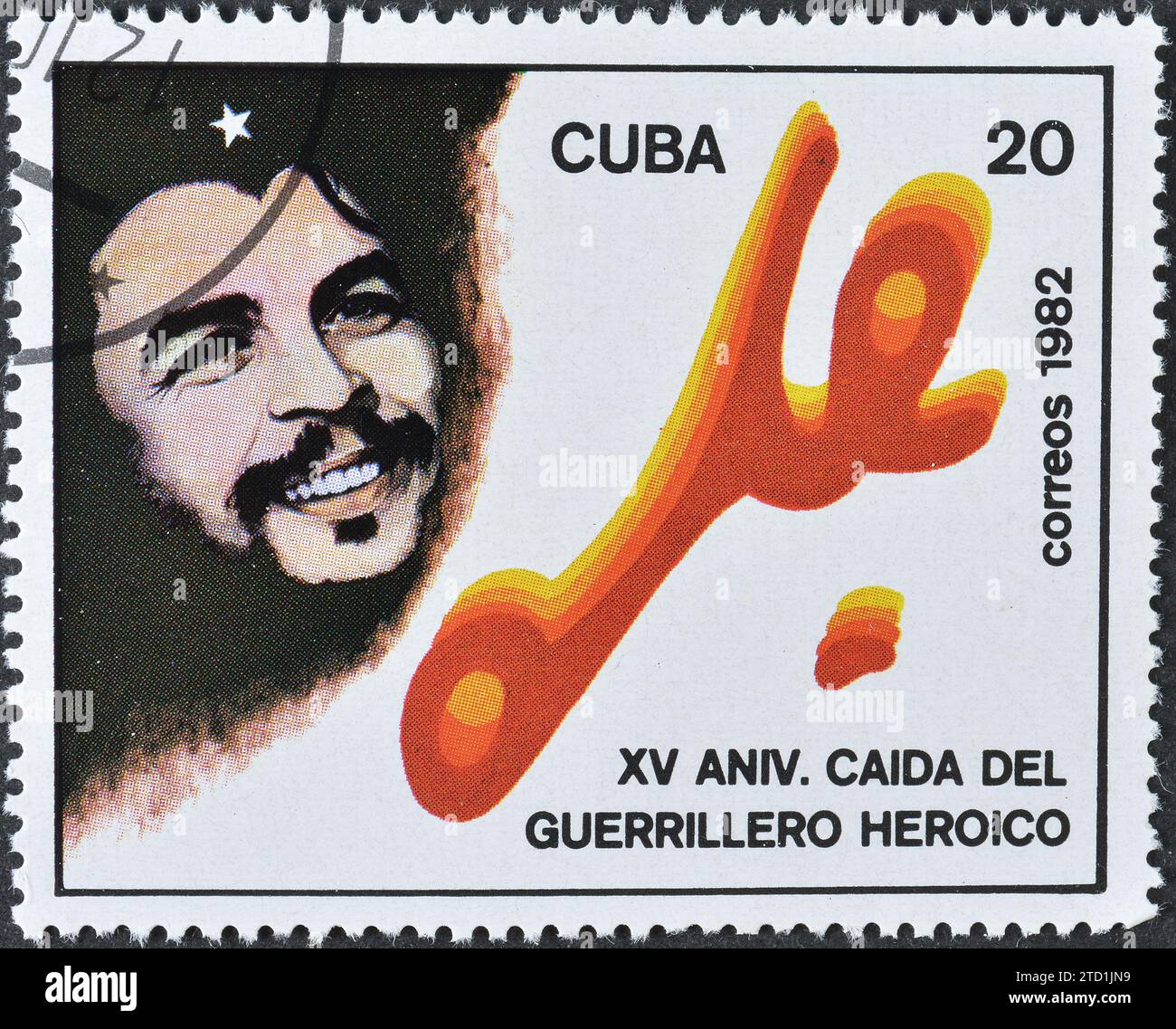 Cancelled postage stamp printed by Cuba, that shows portrait of Che ...