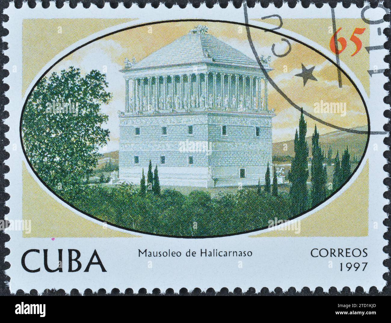Cancelled postage stamp printed by Cuba, that shows Mausoleum at Halicarnassus, Seven Wonders of ...
