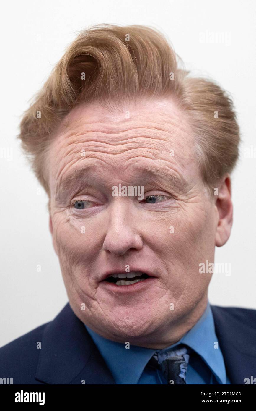 US comedian and television host Conan O'Brien sits in the James Brady Press Briefing Room during ...