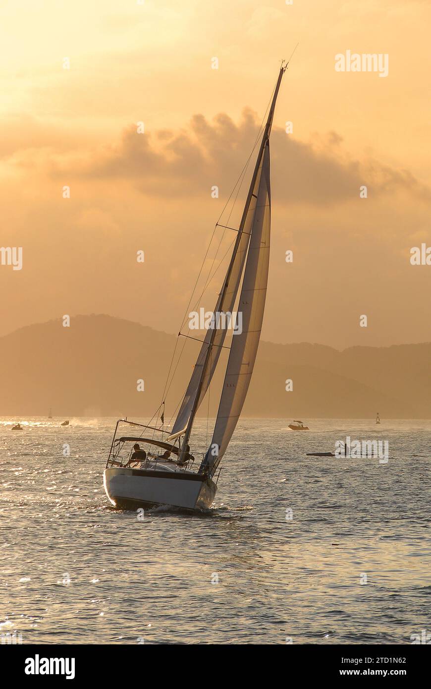 Sailboat sailing during sunset. Golden hour, Santos city bay, Brazil ...
