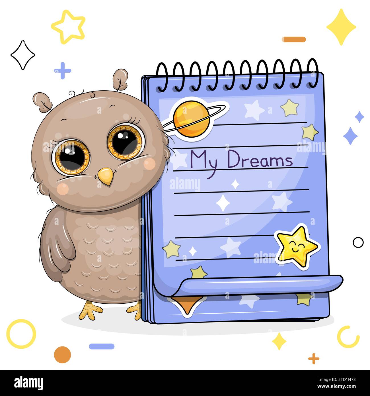 A cute cartoon owl and a blue notebook with stickers. Vector ...