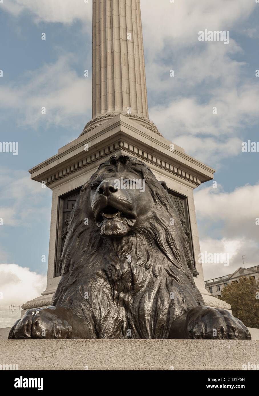 London, UK - Nov 01, 2023 - One of the four landseer bronze lions ...