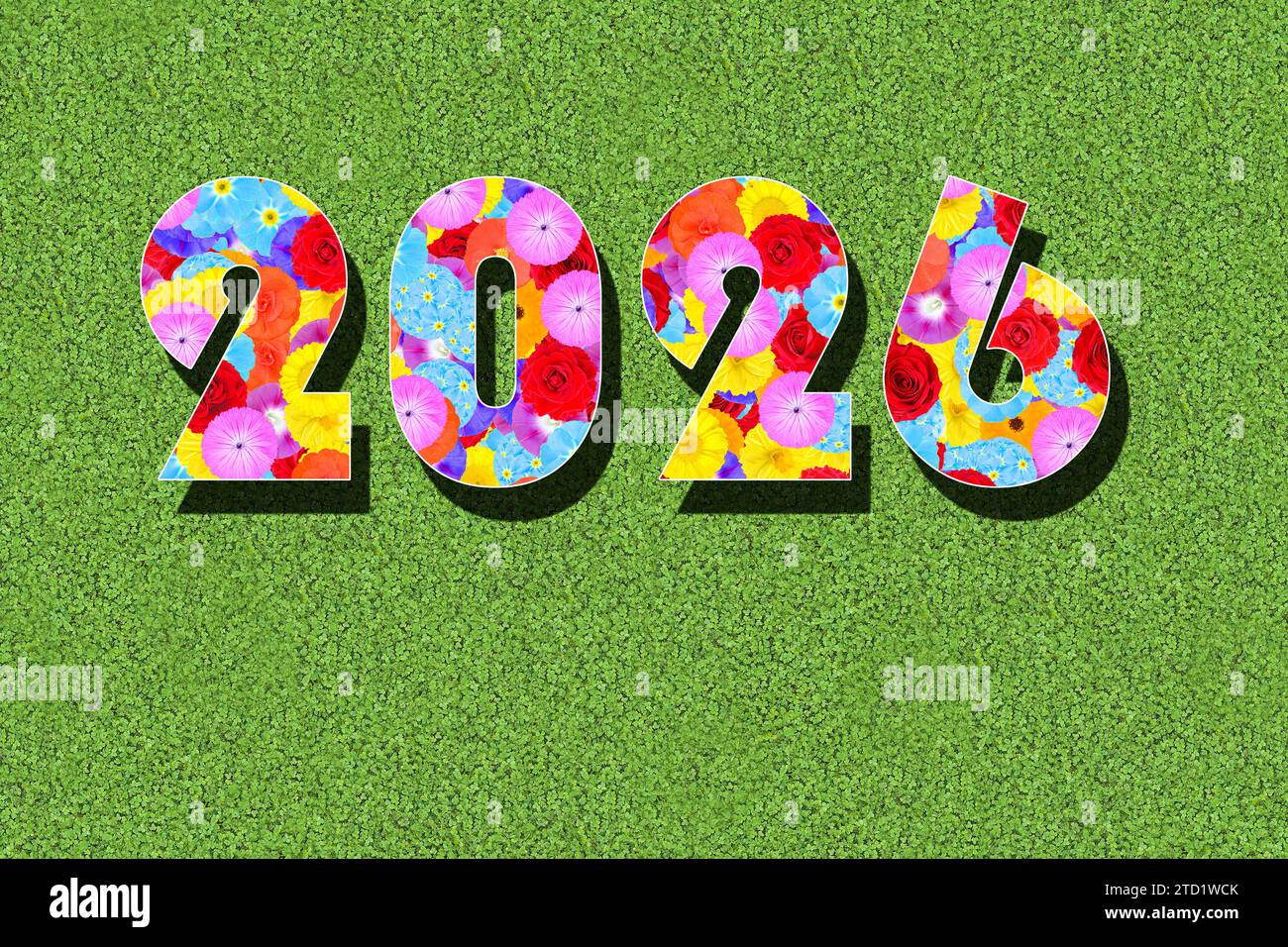 written number of the year 2026, with colorful flowers on a green ...
