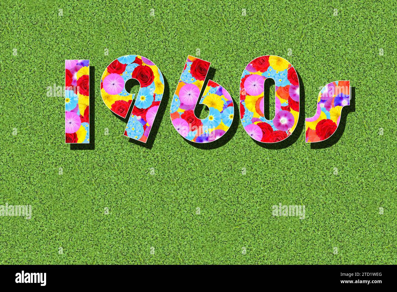 the sixties, 1960s, 60s, written with colorful flowers on a green ...