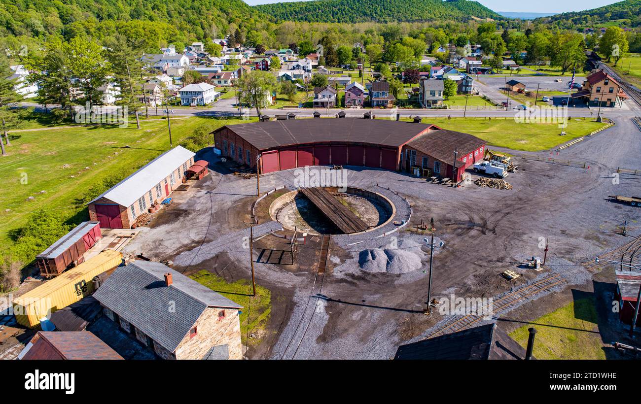An Aerial View of a Narrow Gauge Train Yard with Roundhouse and ...