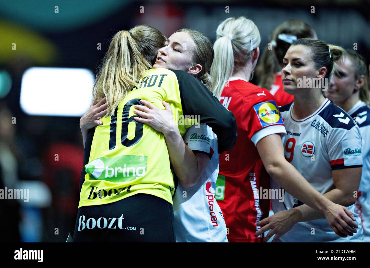 Danish goalkeeper Althea Reinhardt hugs Norway's Stine Oftedal after ...