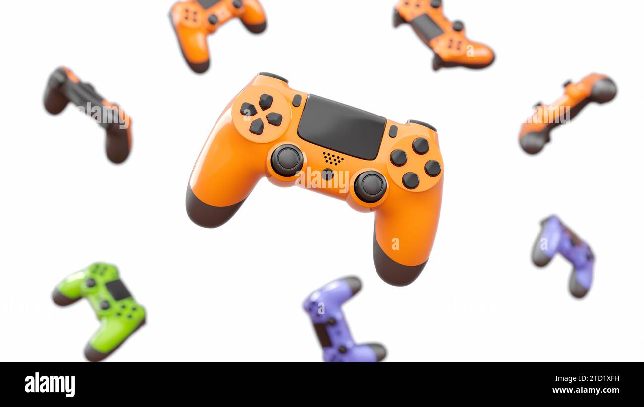 Realistic video game joysticks or gamepads rotating and falling on ...