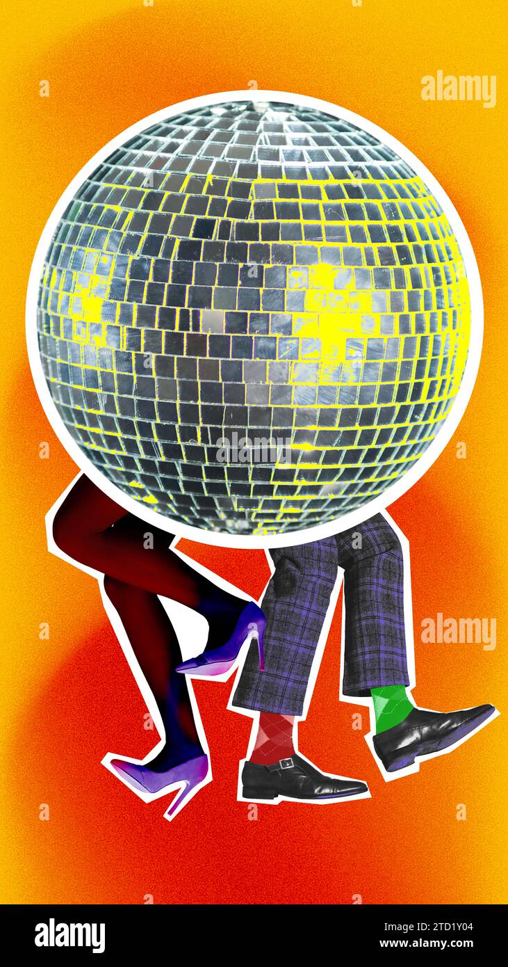 Male and female legs dancing under giant disco ball over bright yellow ...