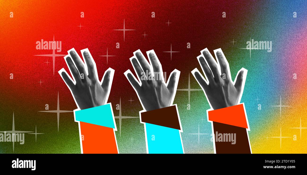 Raised human hands over gradient colorful background. People attending ...