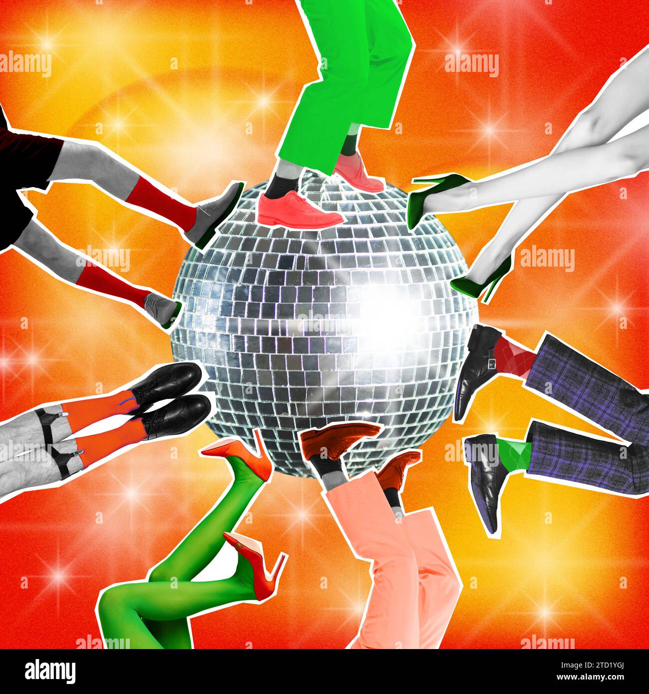 Stylish people legs dancing on big sparkling disco ball on gradient ...