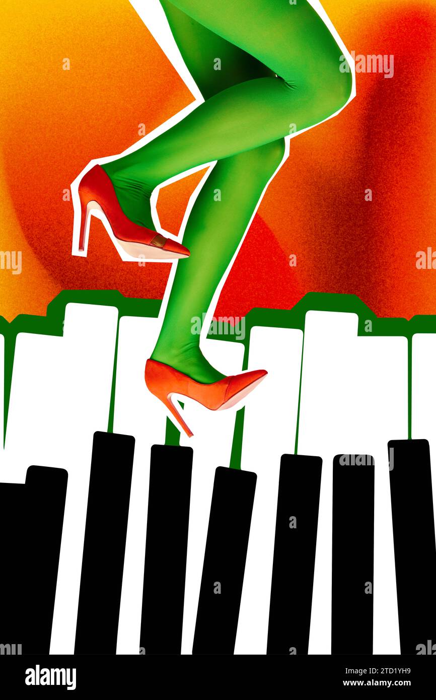 Female legs in green tights and red heels dancing on piano keys over ...