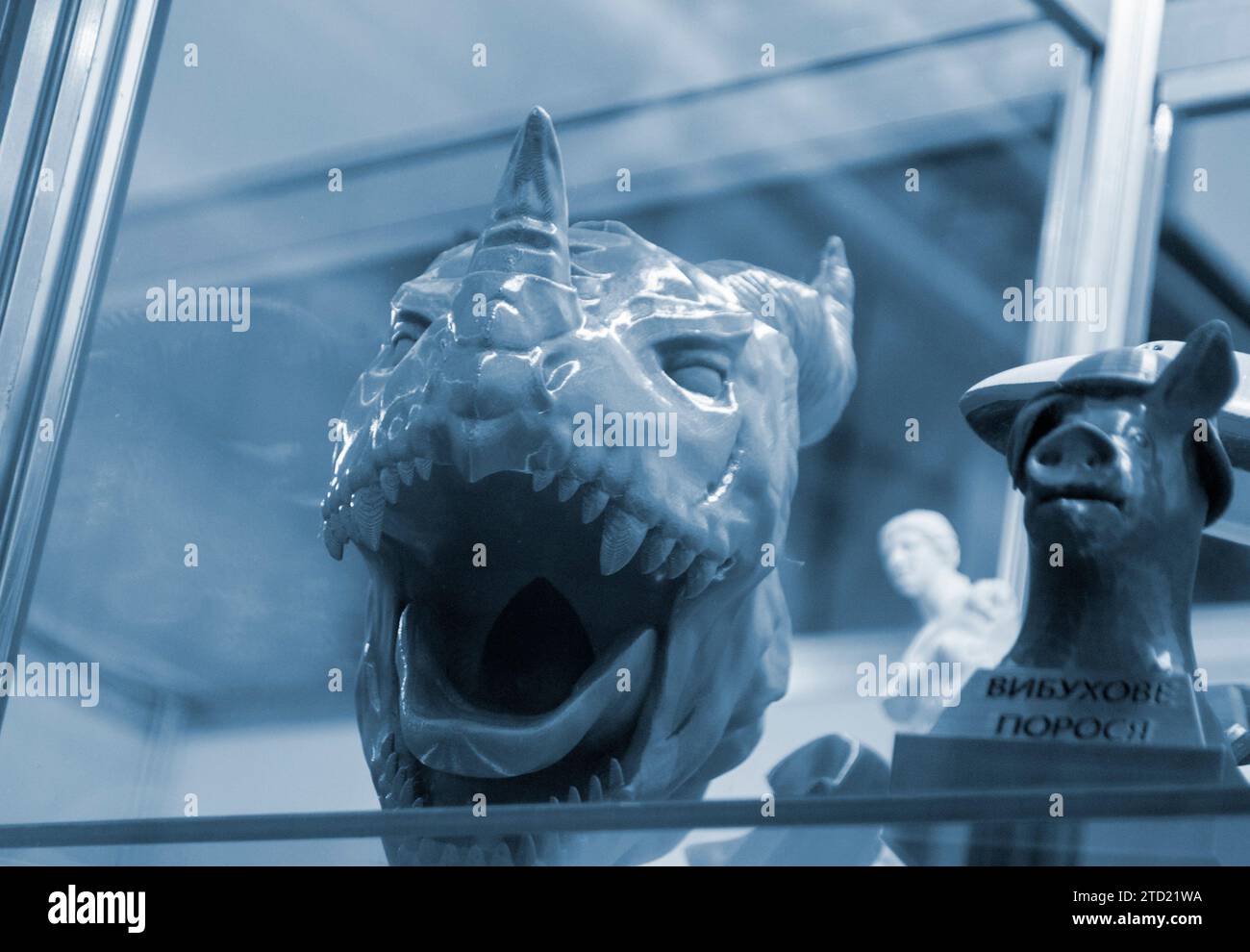 Prototype of art object 3D printed from melted blue plastic. Model of ...