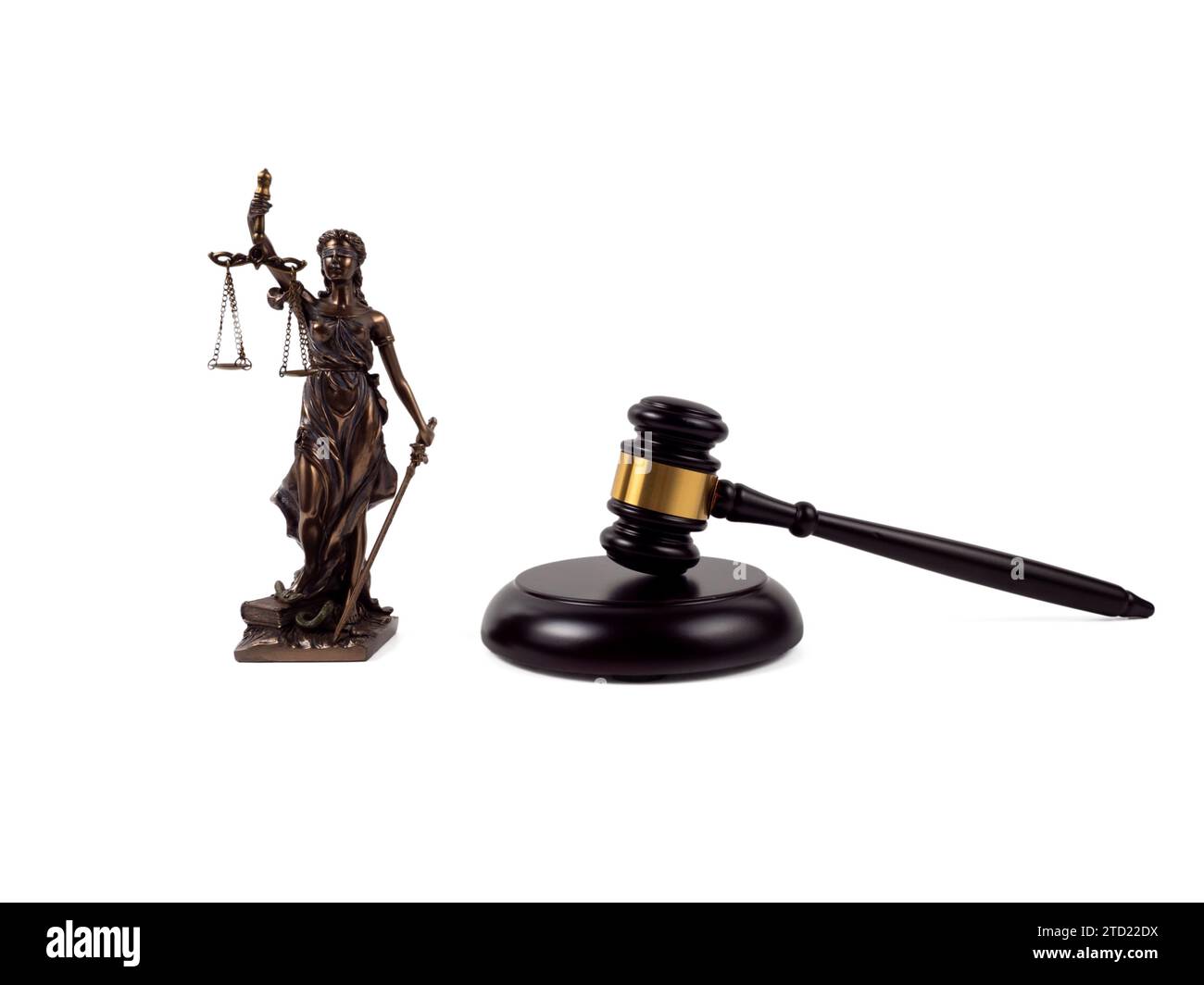 Bronze statue of Lady Justice and a judge's gavel on a white background ...
