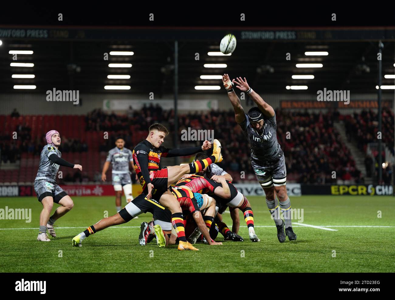 Gloucester Rugby's Stephan Varney performs a box kick during the EPCR ...