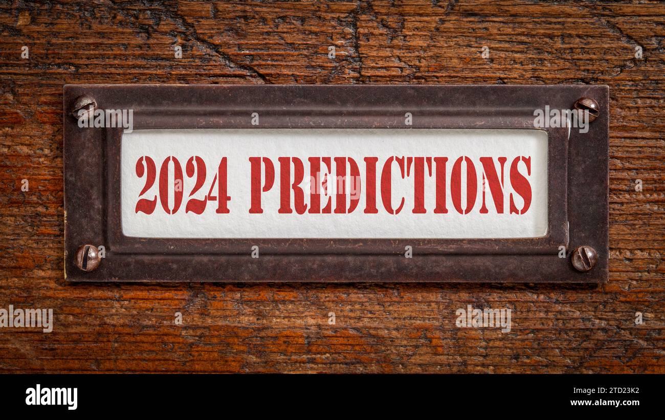 2024 predictions - a label on grunge wooden file cabinet. Expectation ...