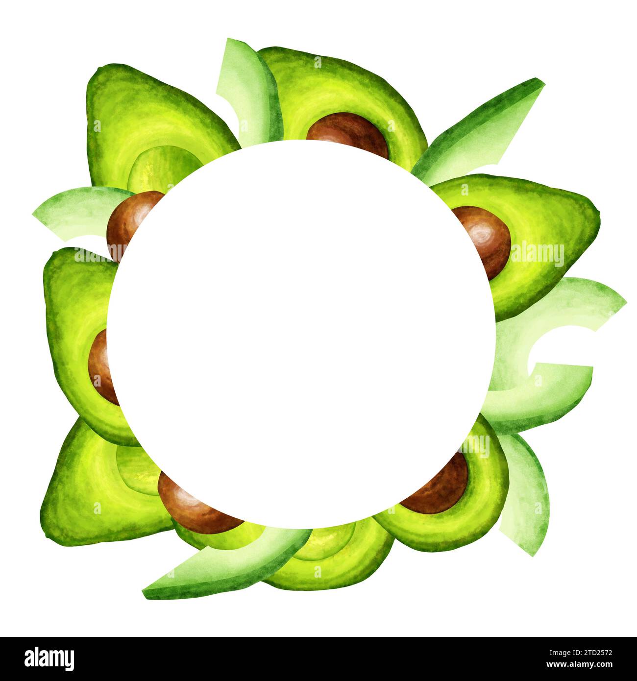 Watercolor round frame, ripe avocado and half of avocado. Hand drawn ...