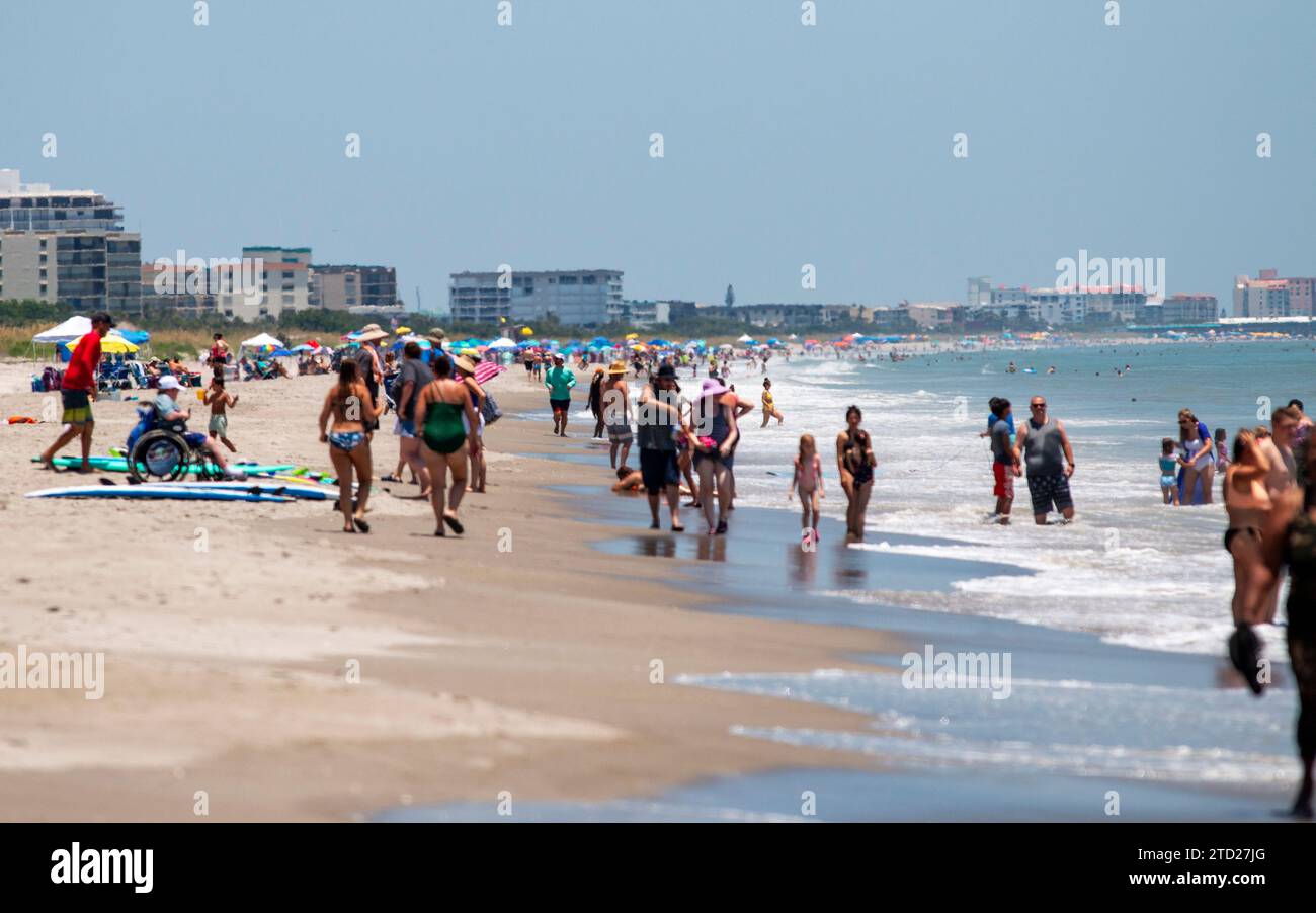 Cocoa Beach, Florida, USA - 27 June 2023: A crowded beach with people ...