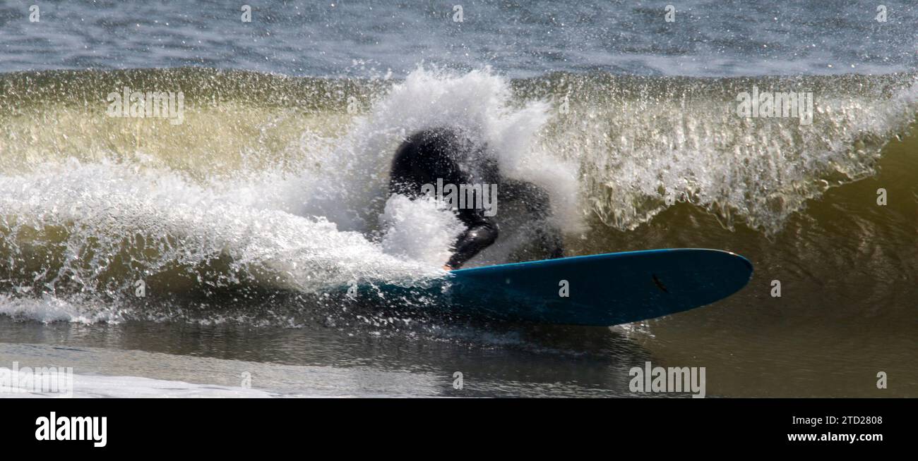 A man surfing falling off of his surfboard into the wave hard Stock ...