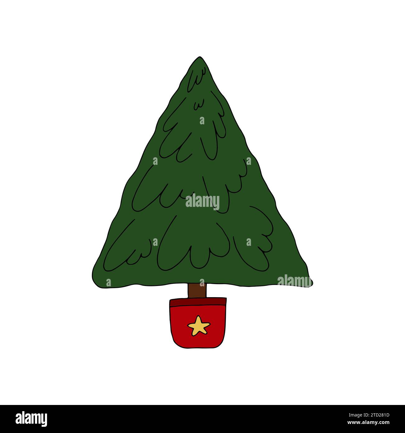 Hand drawn christmas tree in pot with star. Vector flat illustration ...