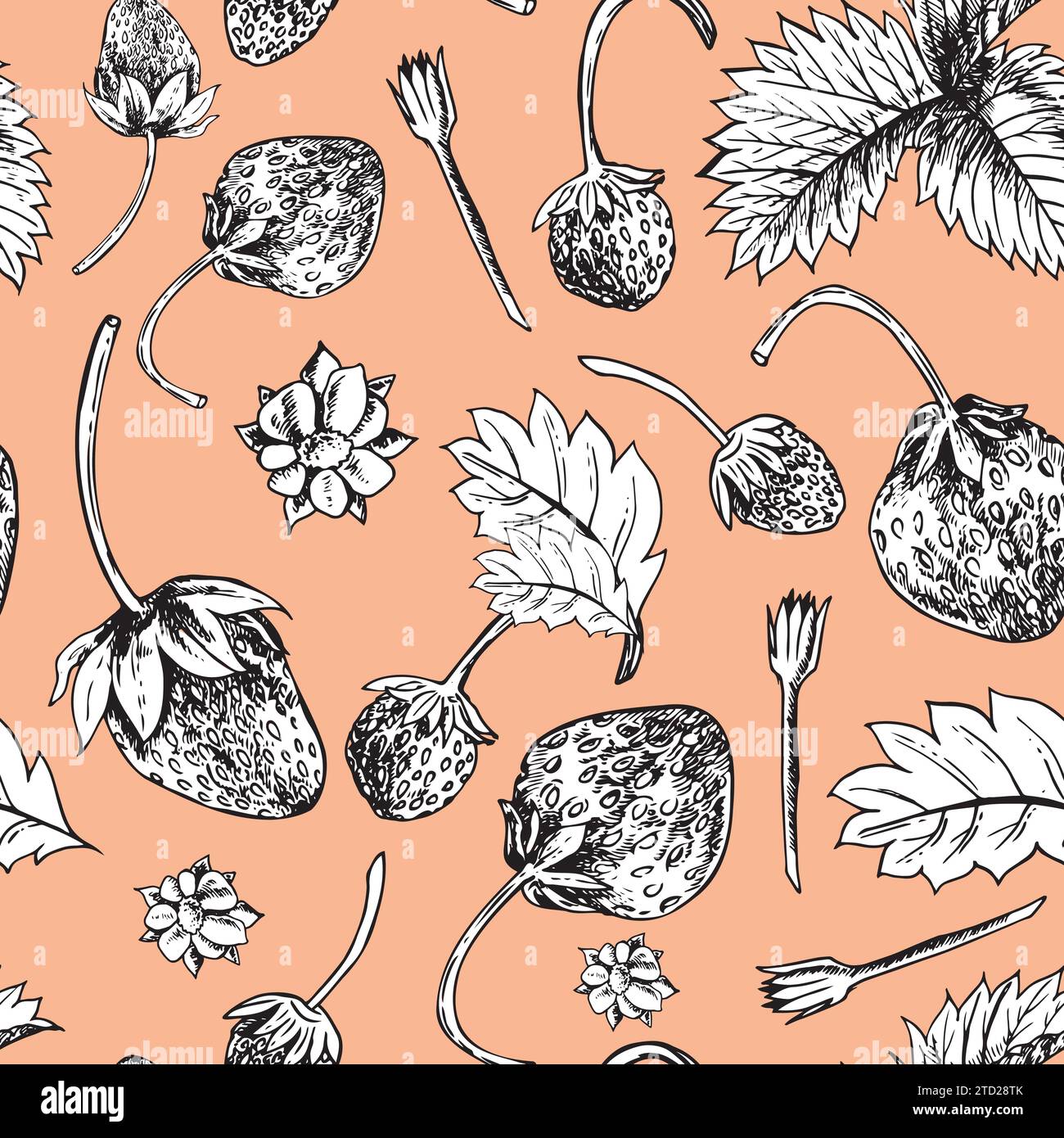 Seamless pattern with strawberry berries and leaves. Hand drawn ...