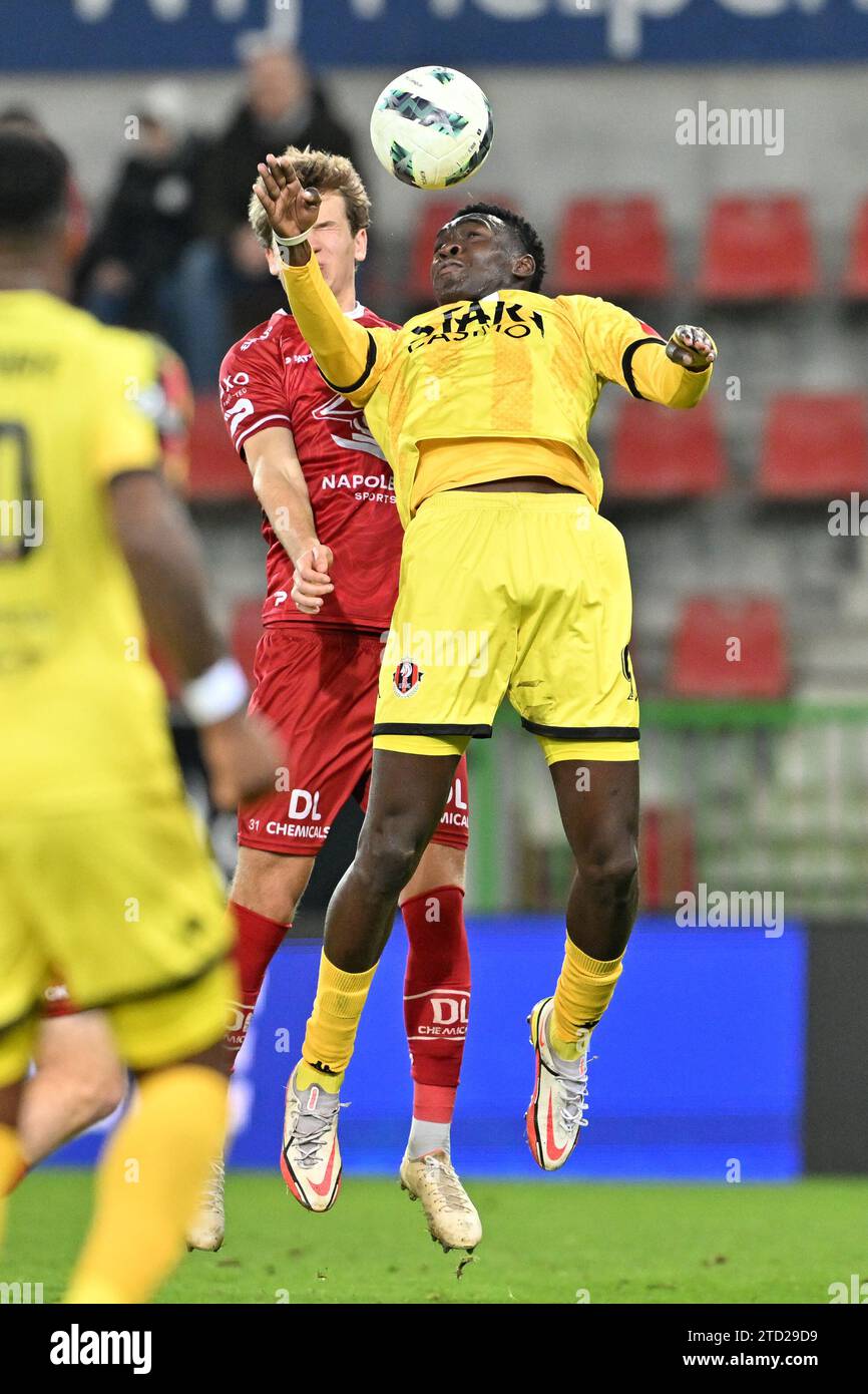 Lukas Willen (31) of Zulte-Waregem pictured fighting for the ball with ...