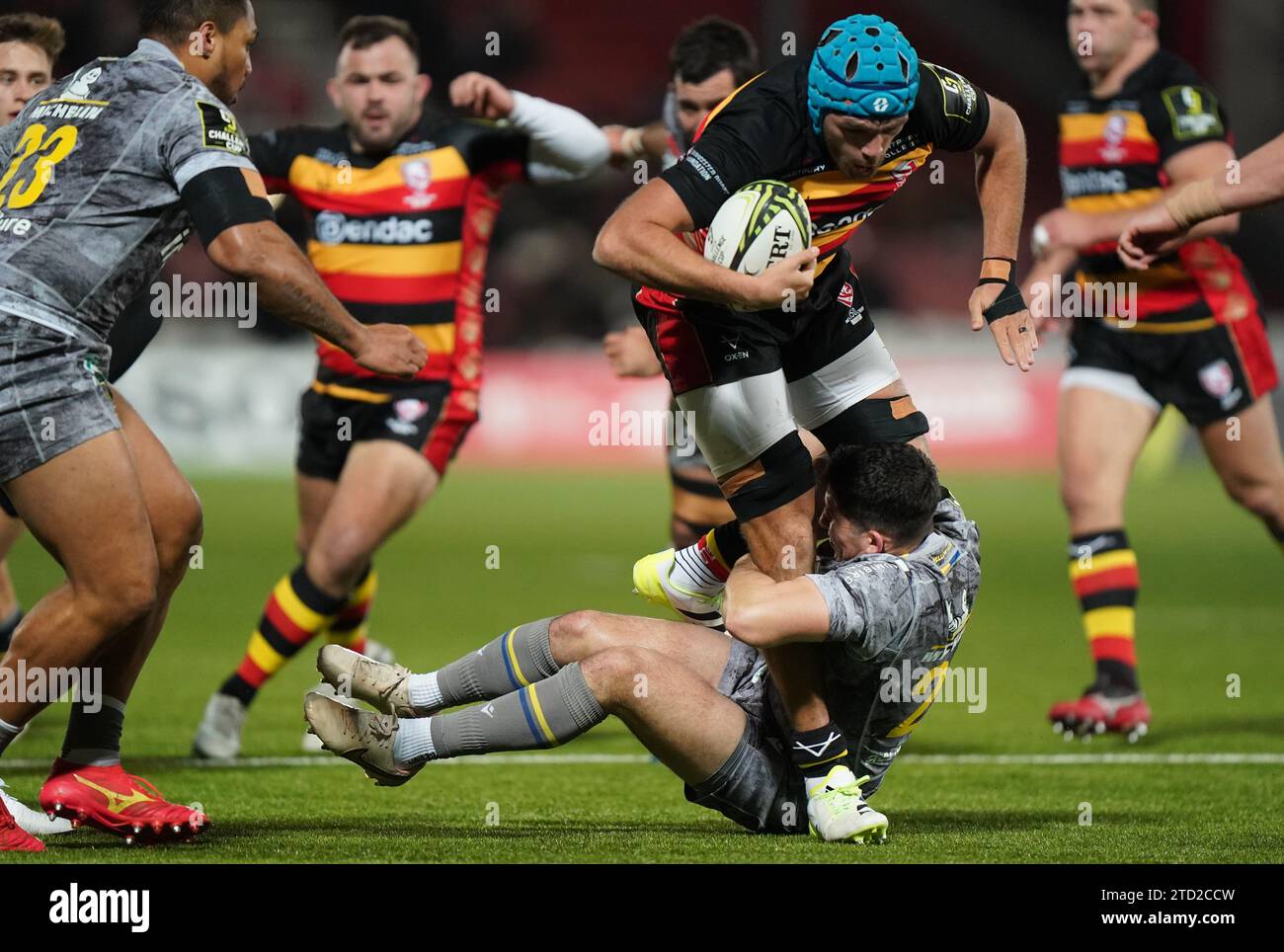 Gloucester Rugby's Zach Mercer is tackled during the EPCR Challenge Cup ...