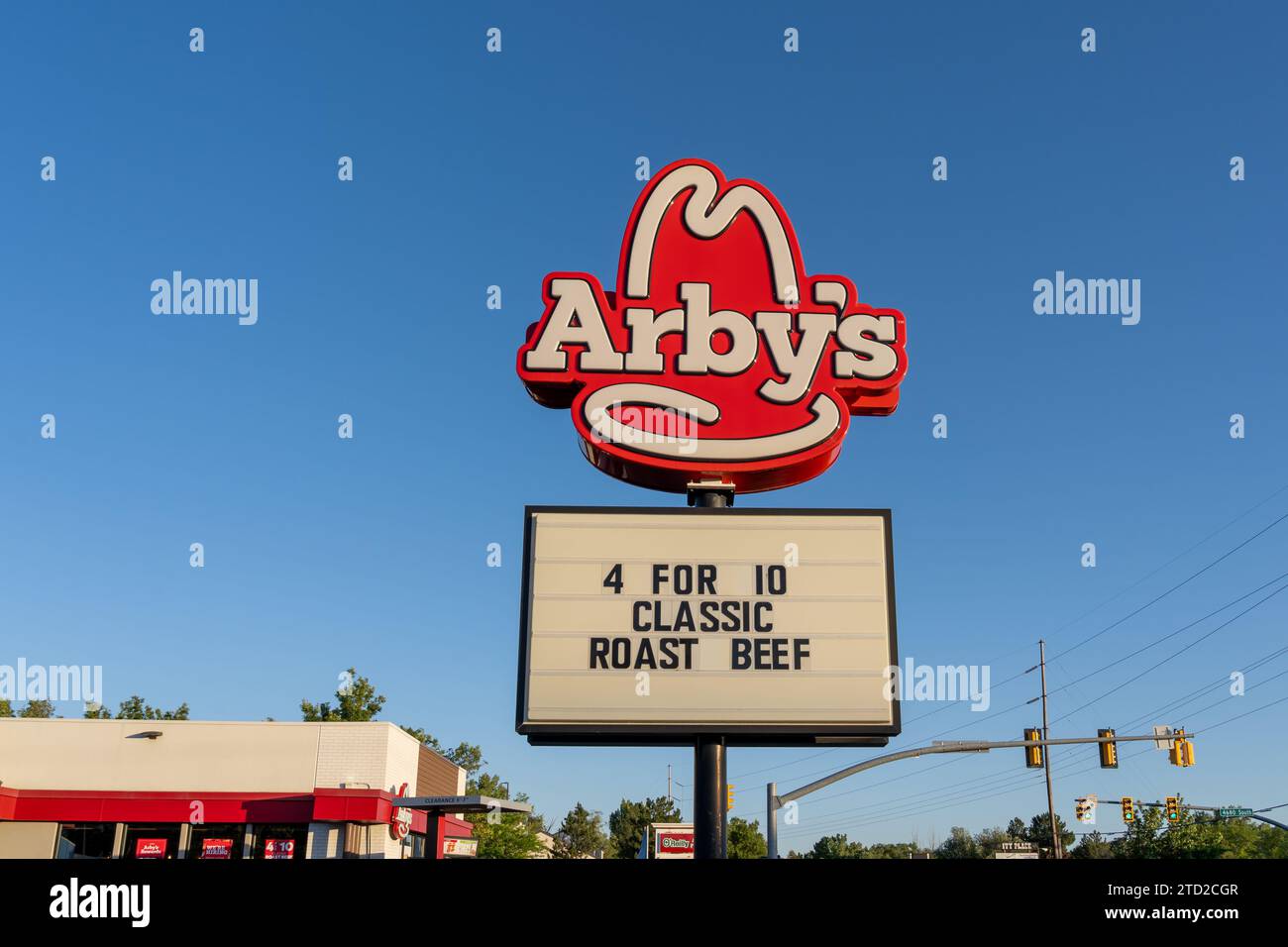 Arby's sign with the blue sky background. Salt Lake City, Utah, USA ...