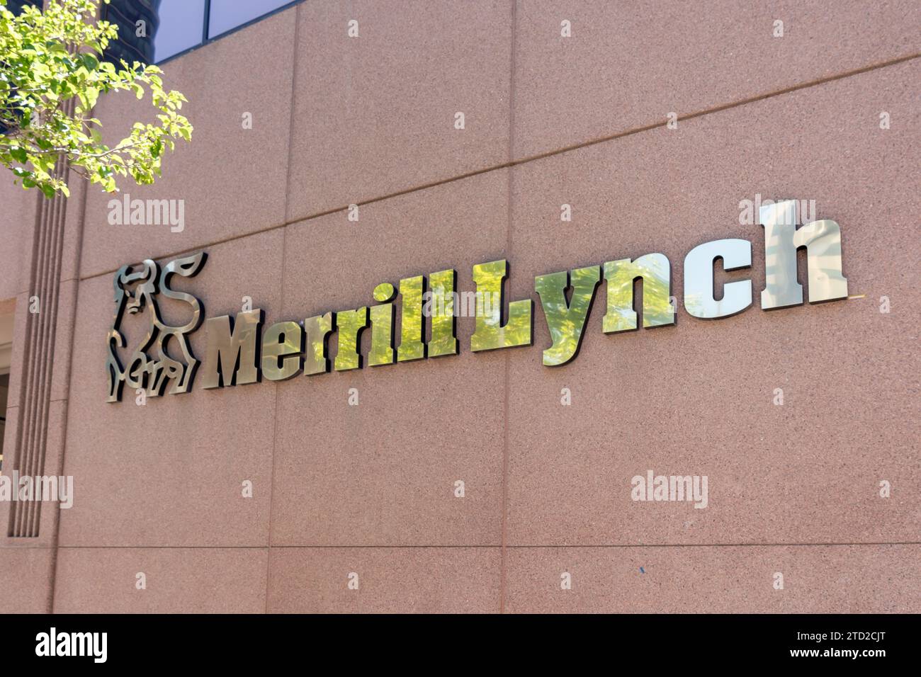 Close up of Merrill Lynch logo and sign on the building at company’s ...