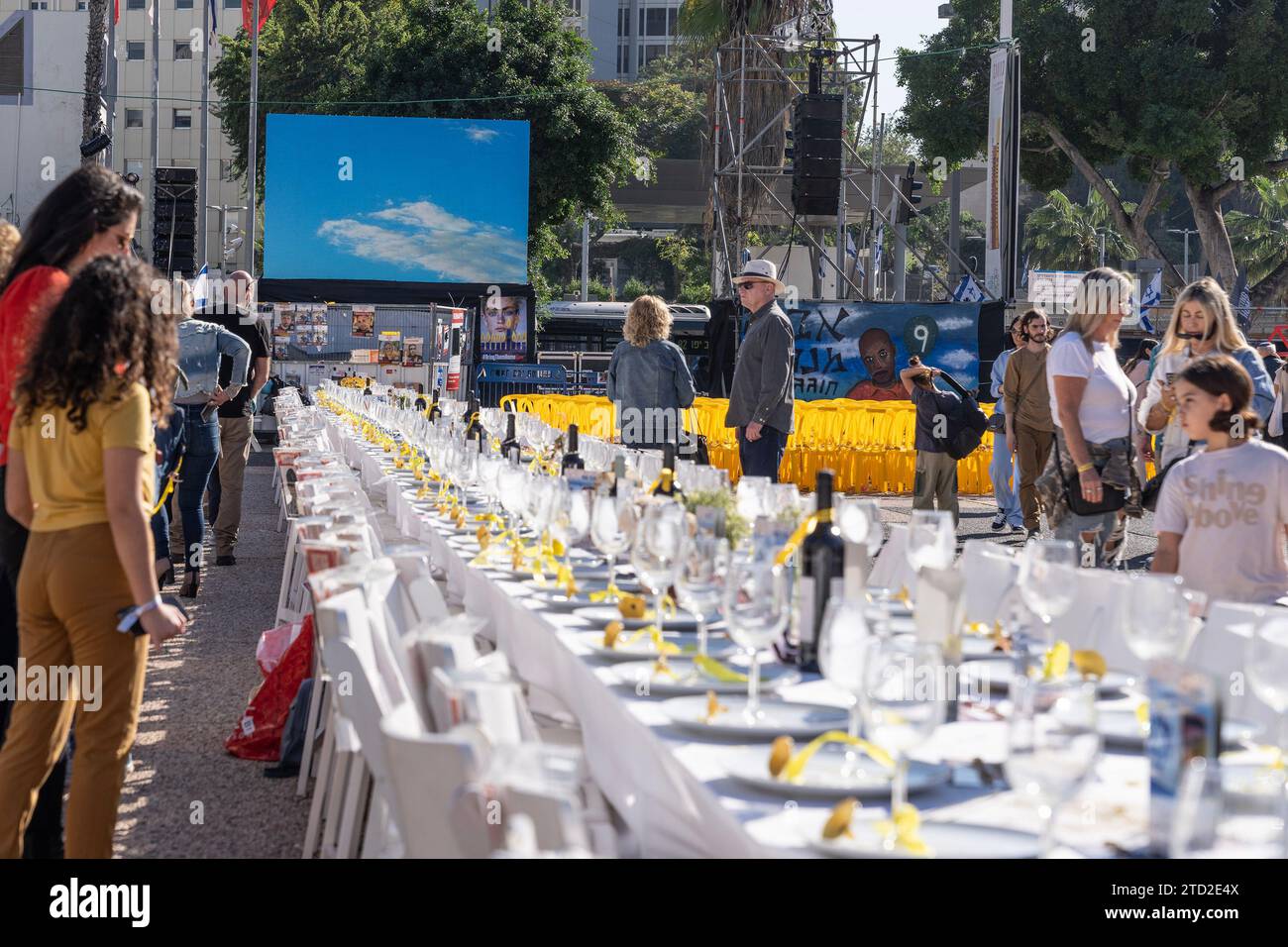 Empty Shabbat dinner tables seen on square in front of museum of art in ...