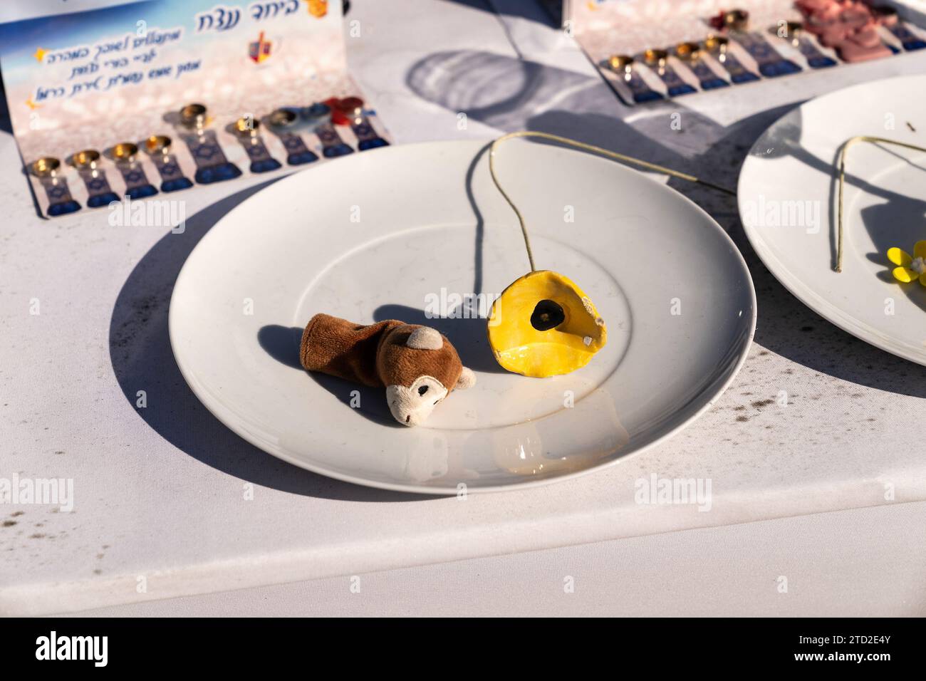 Empty Shabbat dinner tables seen on square in front of museum of art in ...