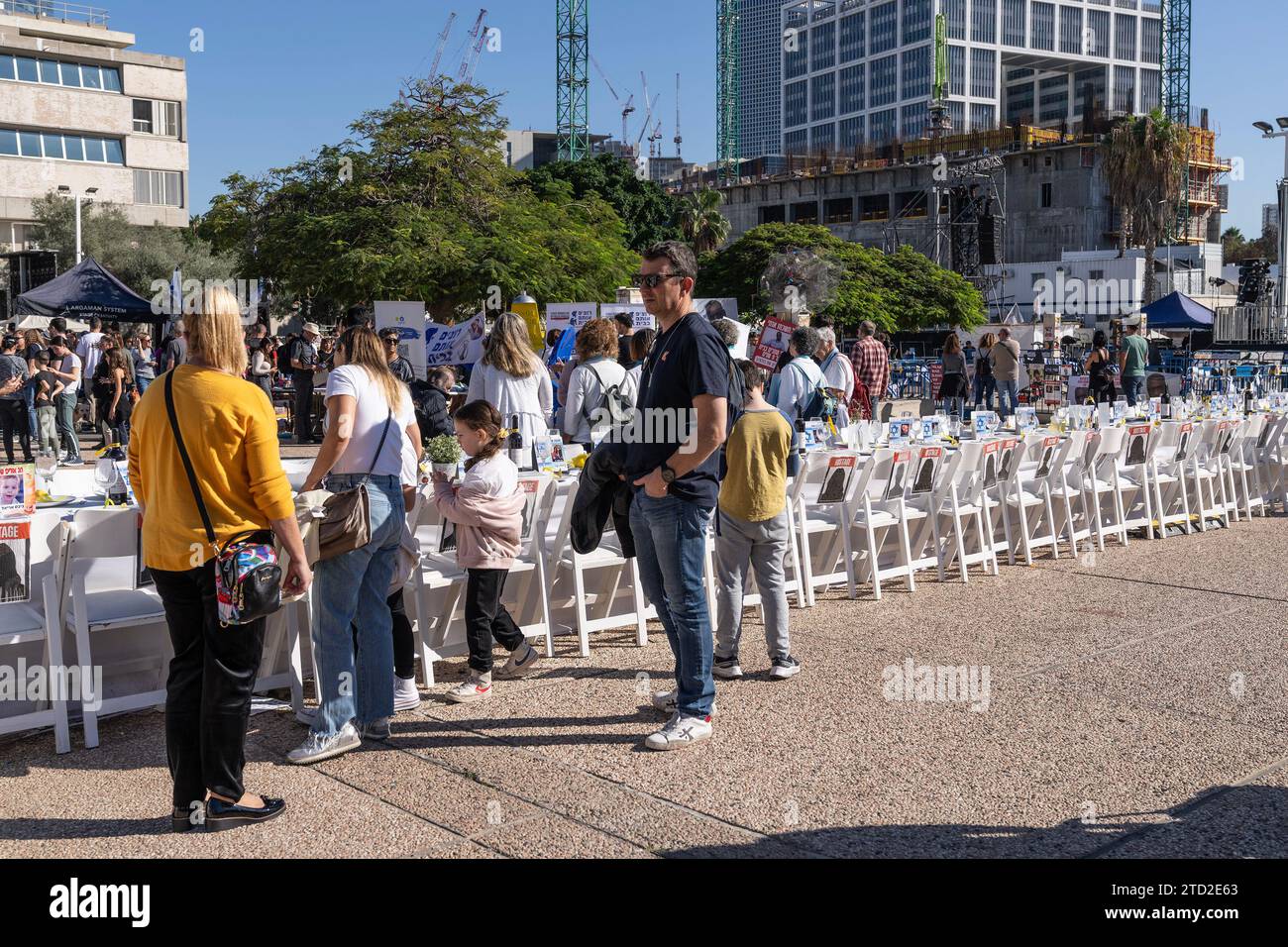 Empty Shabbat dinner tables seen on square in front of museum of art in ...