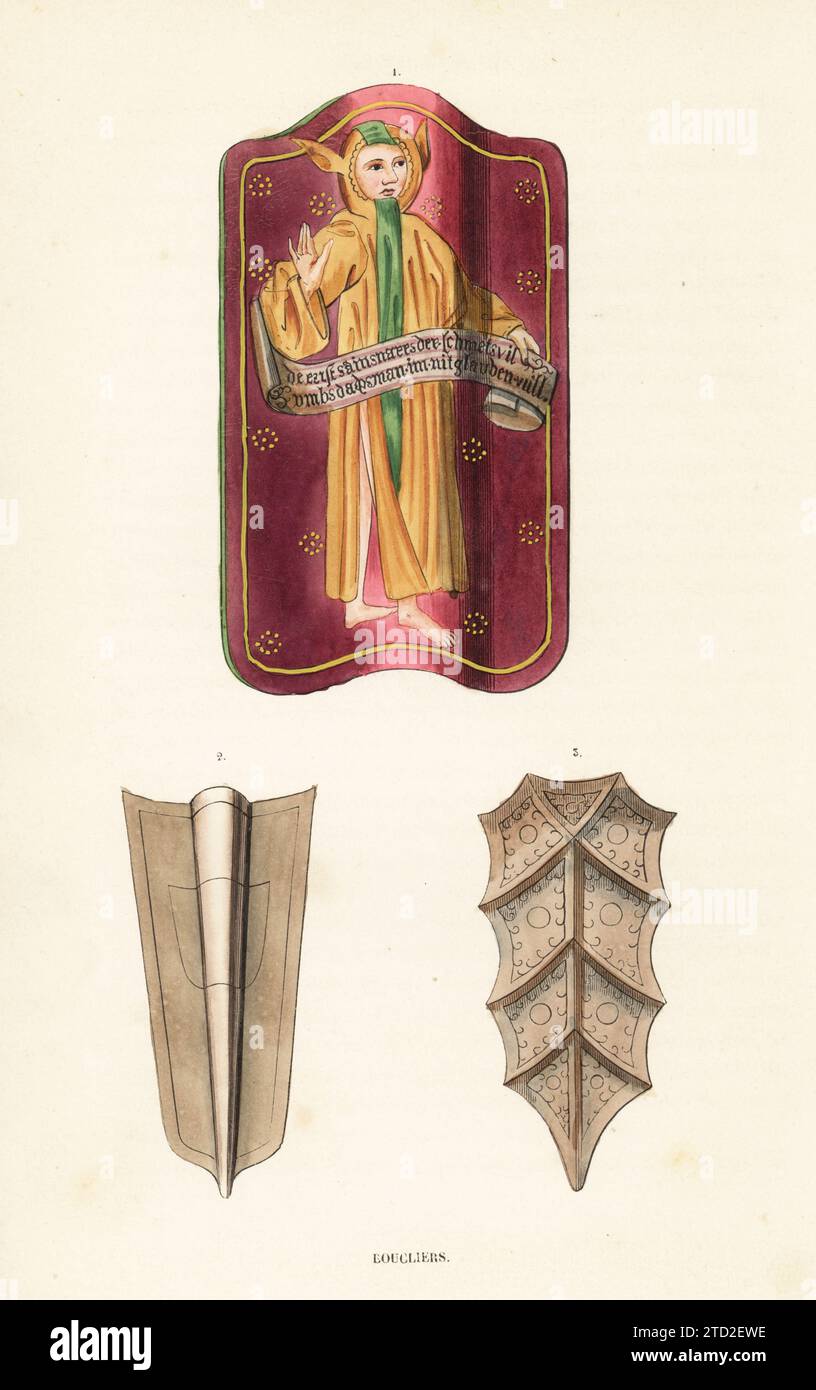 Leather-covered wooden bucklers or shields. With painted figure of a ...