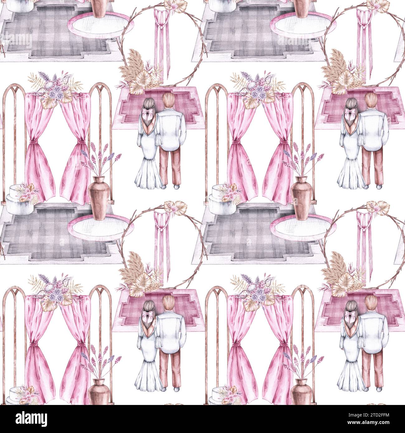 Wedding pattern with newlyweds, accessories, ceremony, flowers on a ...