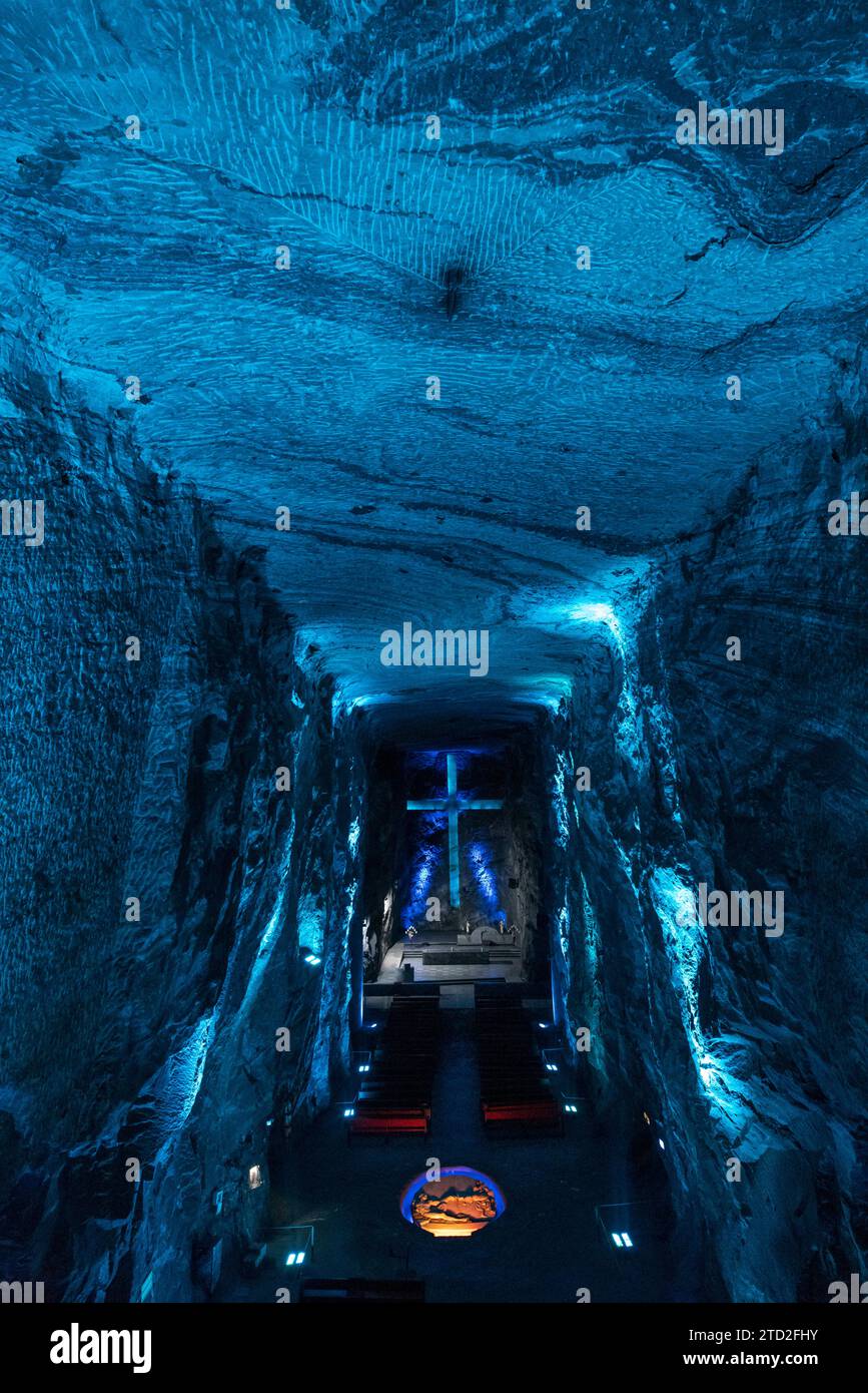 A creation of salt, a cross inside the Salt Cathedral, north of Bogota ...
