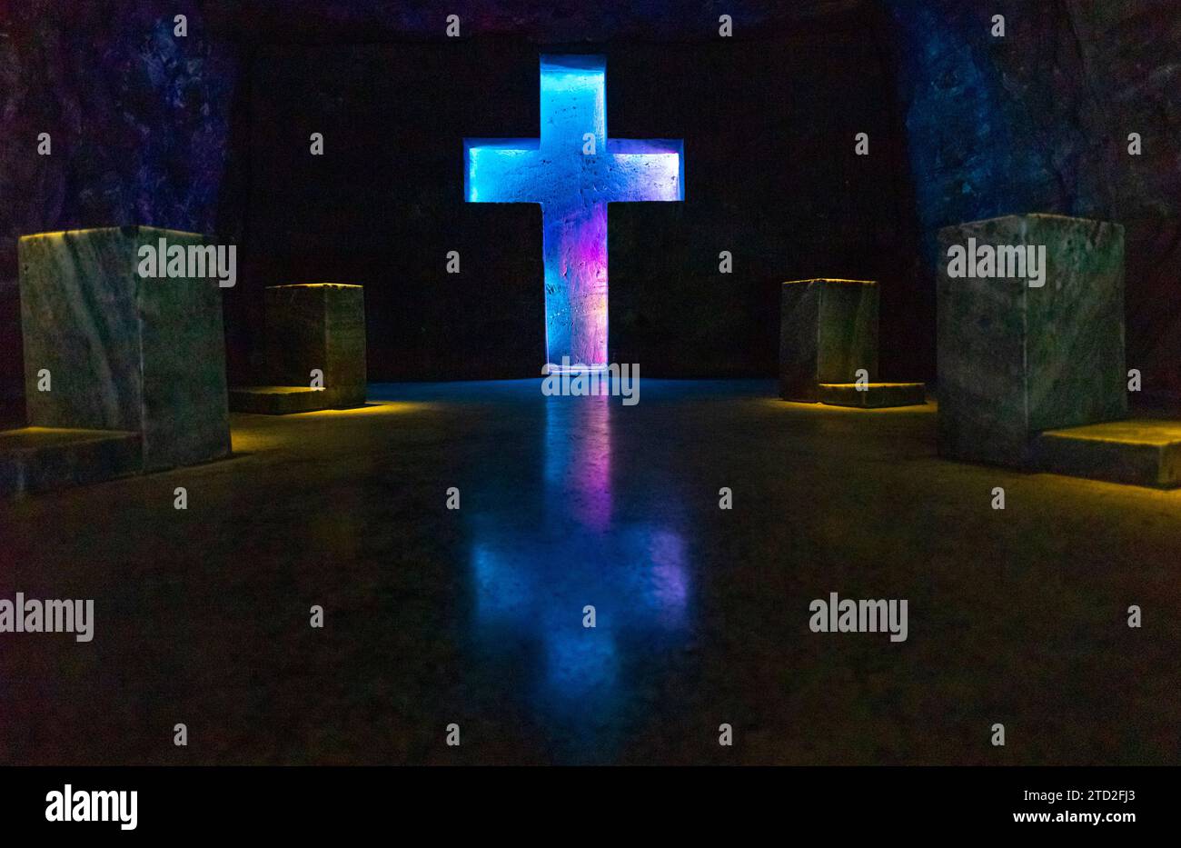 A creation of salt, a cross inside the Salt Cathedral, north of Bogota ...