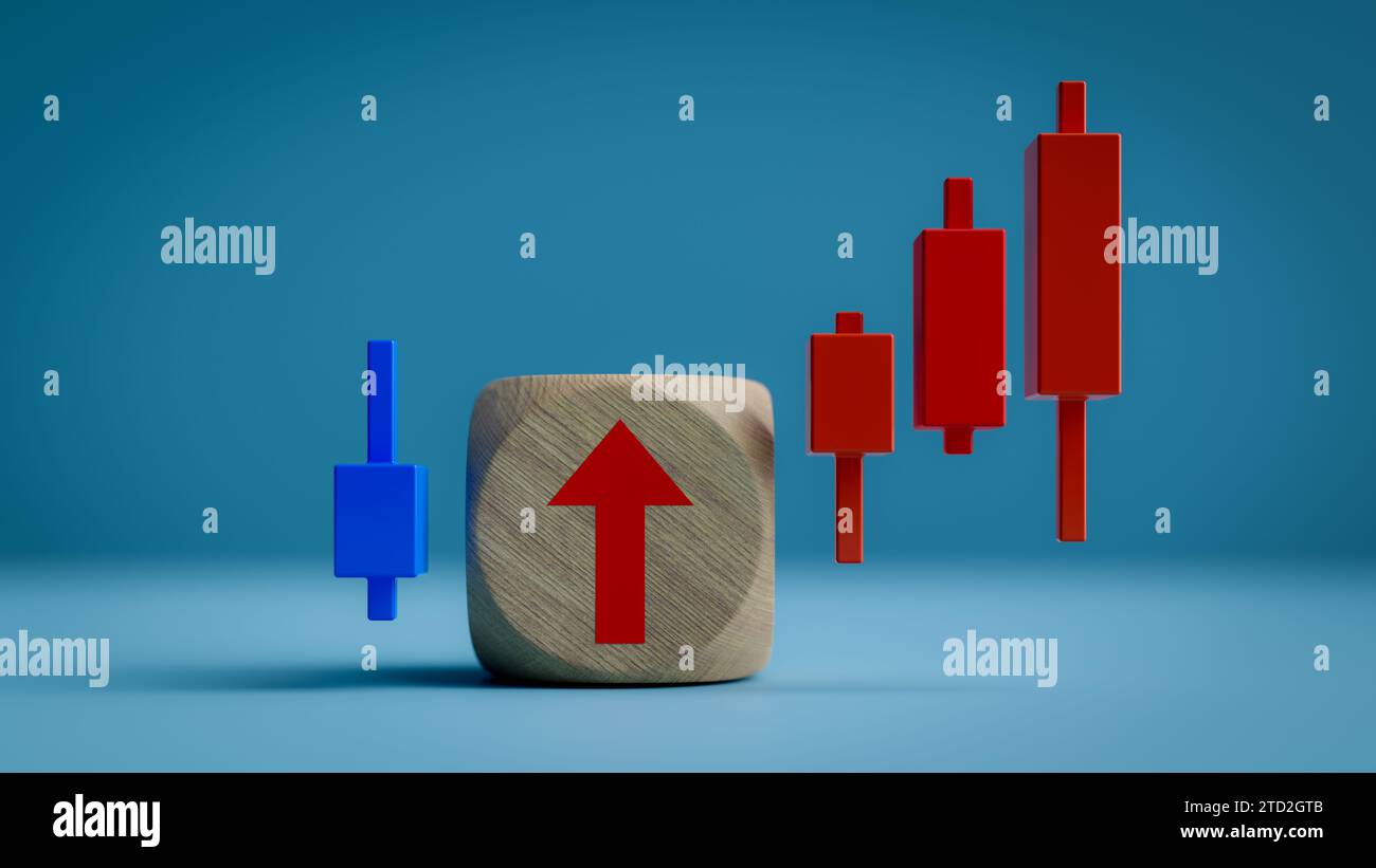 Stock chart candles and upward pointing arrow indicate bullish market ...