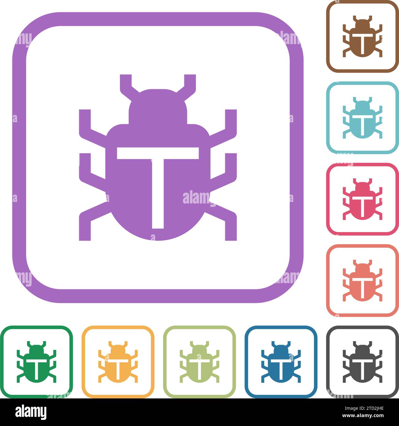 Computer bug solid simple icons in color rounded square frames on white ...