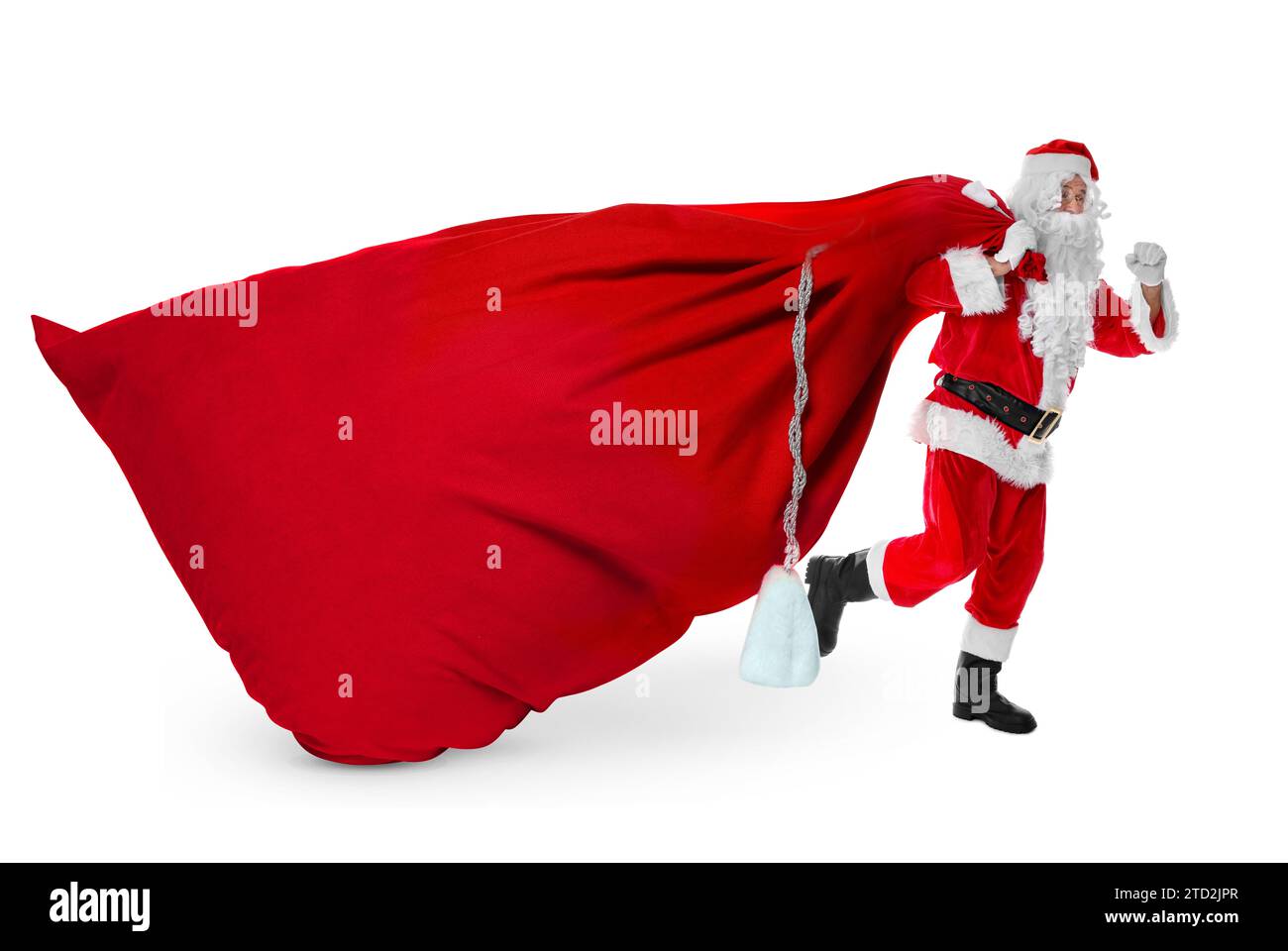 Santa Claus with big red bag full of Christmas presents on white ...