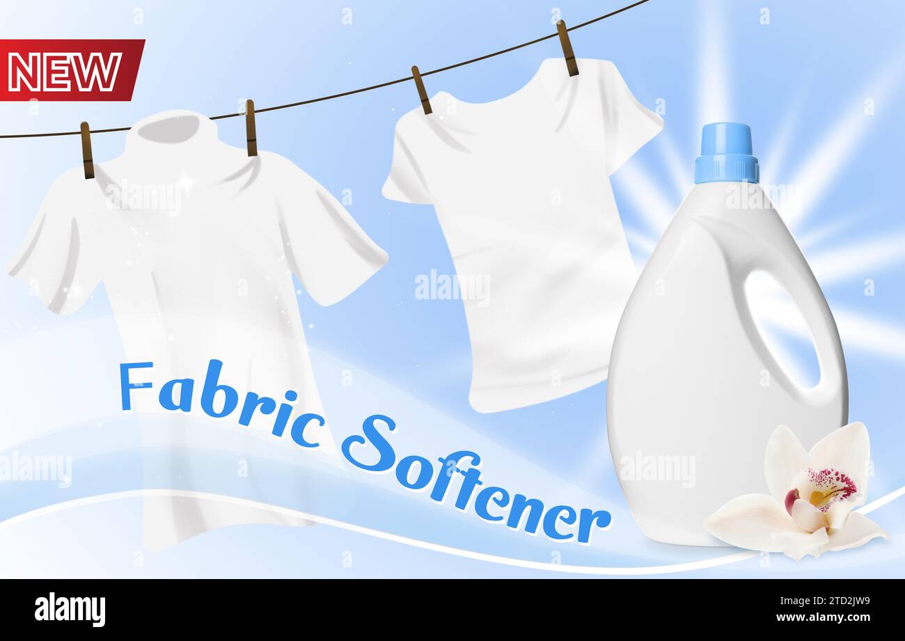 Fabric softener advertising design. Bottle of conditioner, flower and ...